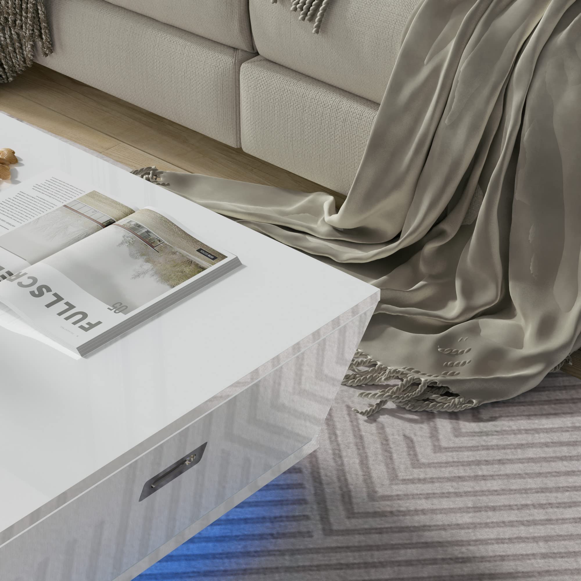Cozy Castle Black Modern Coffee Table with LED Lights, High Gloss Coffee Table with Storage Drawers, Contemporary Center Table for Living Room