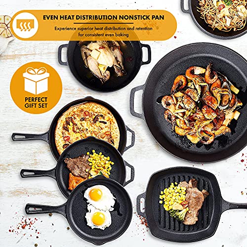 Bruntmor Pre Seasoned Kitchen Utensils Set Durable Cast Iron 8 Pc Bundle Pots And Pans Set Double Dutch Oven, 16" Pizza Pan, 3 Cast Iron Skillets & Square Grill Pan, Frying Pan| Giftable Cookware Set