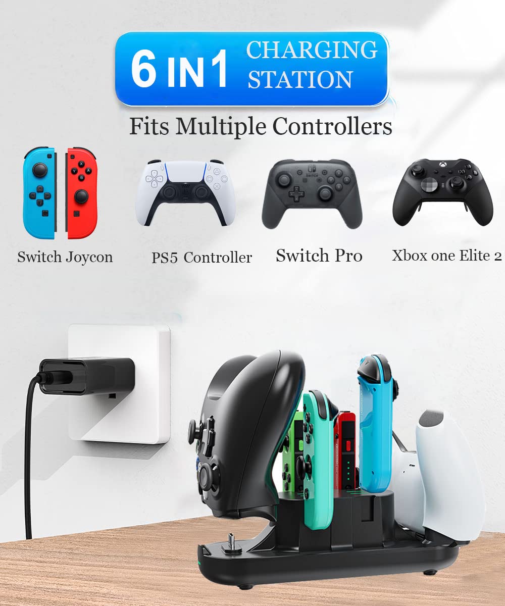Controller Charging Dock Station Compatible with Nintendo Switch & OLED Model Joycons, 6 in 1 Charger Dock for Nintendo Switch Joy-Con and Pro Controllers