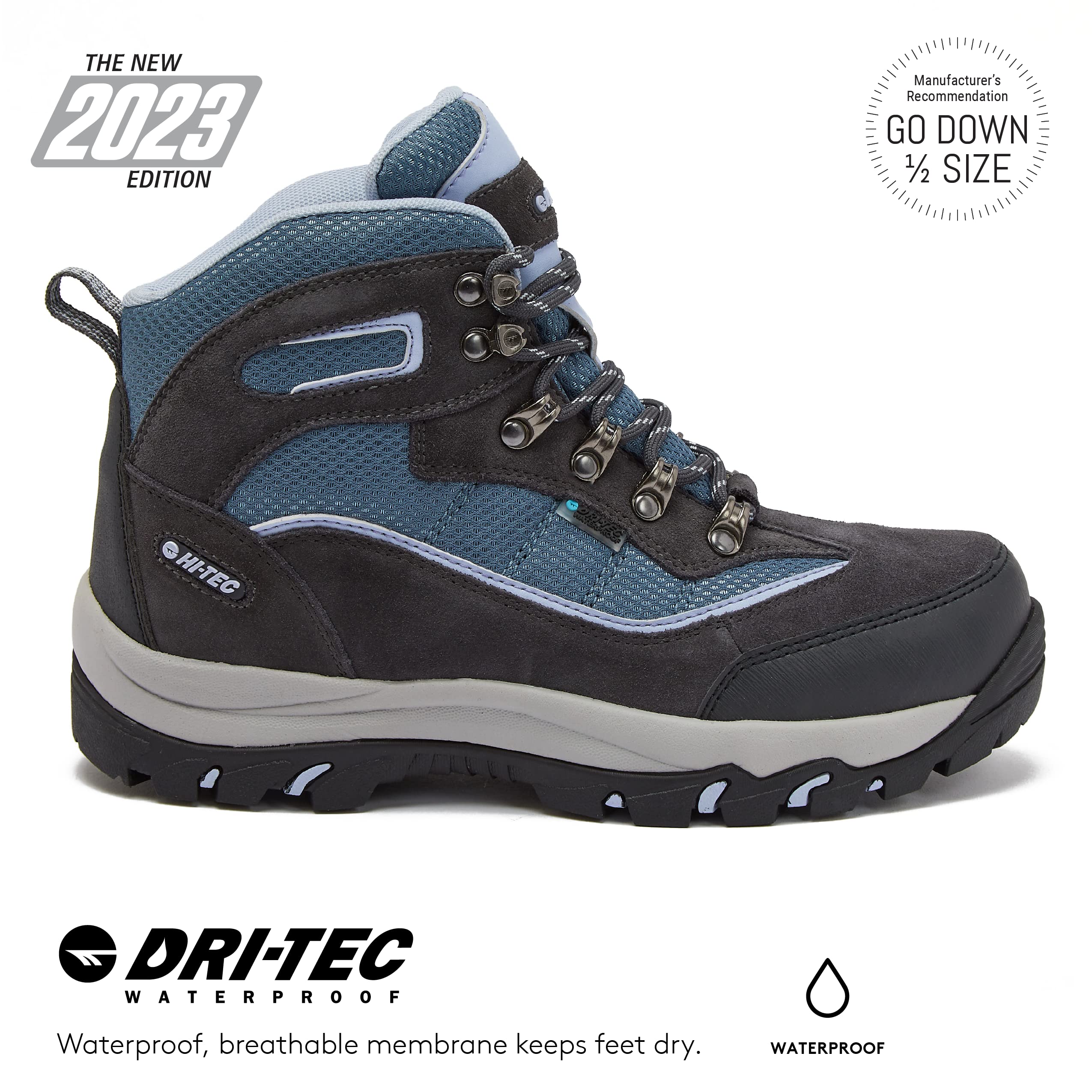 HI-TEC Skamania Mid WP Waterproof Women's Hiking Boots, New 2023 Model with High Performance Rubber Outsoles - Trail, Mountain and Backpacking Shoes - Dark Grey/Navy Blue, 7 Medium