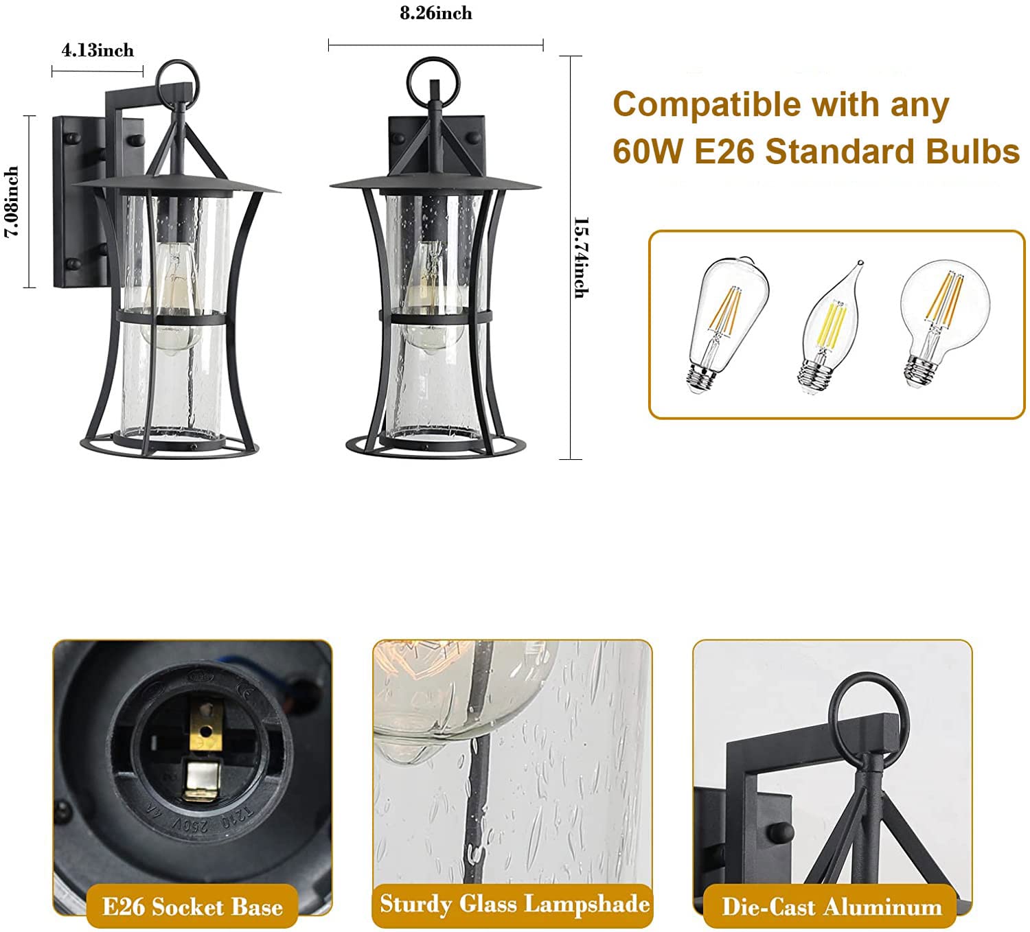 tewei Outdoor Wall Light Fixtures Wall Mount Porch Light with E26 Base Socket IP65 Waterproof Clear Seed Glass Exterior Sconces Lantern lamp for Porch Patio Garage 2 Pack