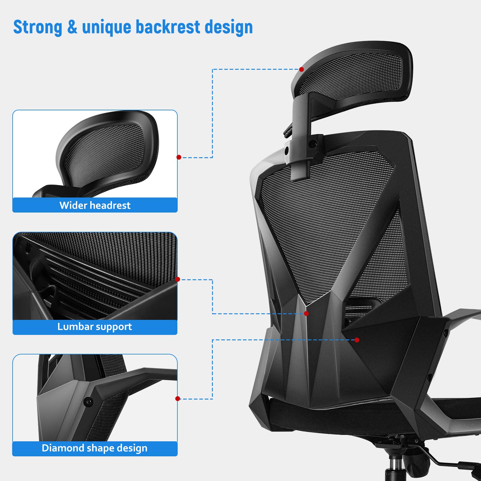 DAVEJONES Office Chair Desk Chair - Computer Ergonomic High Back Mesh Chair, Pure Memory Foam Adjustable Headrest Lumbar Support Gaming Rolling Chair (Black)