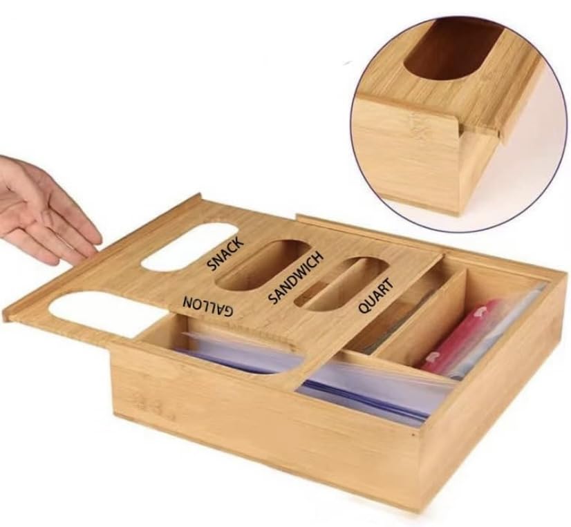 CNL DESIGNS INC. Bamboo Ziplock Bag Organizer for Drawer, Food Storage Organizer, Sandwich Bag Organizer for Kitchen, Compatible with Gallon, Quart, Sandwich & Variety Snack Size Bags.
