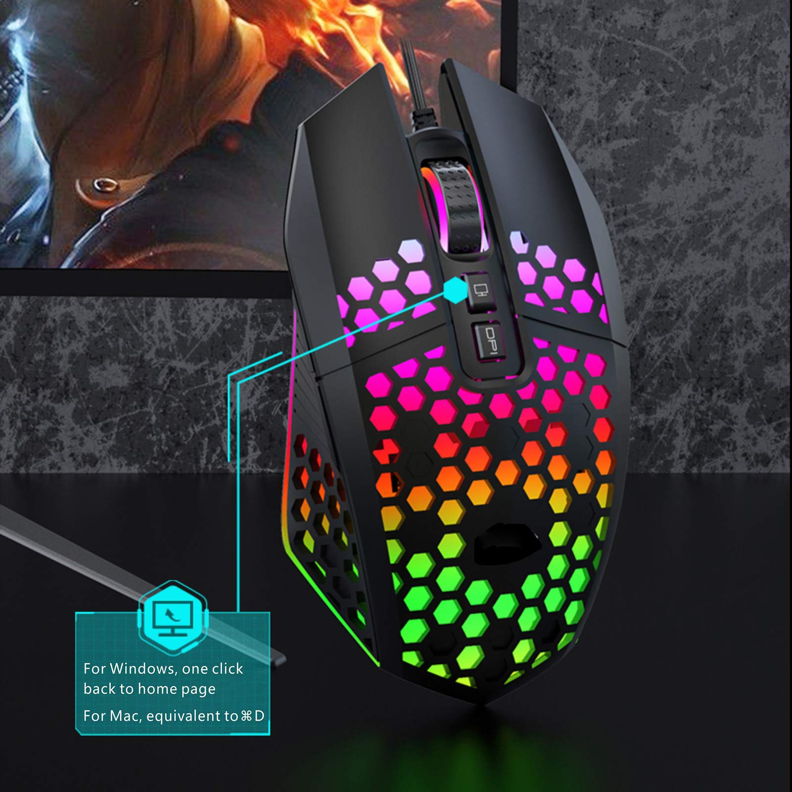 Uiosmuph X801 Wired Gaming Mouse, Honeycomb Lightweight Gaming Mouse with RGB Backlit, 7 Programmable Buttons and One-Click Desktop, 8000 DPI Optical USB Gamer Mouse for Mac, Laptop, Computer - Black