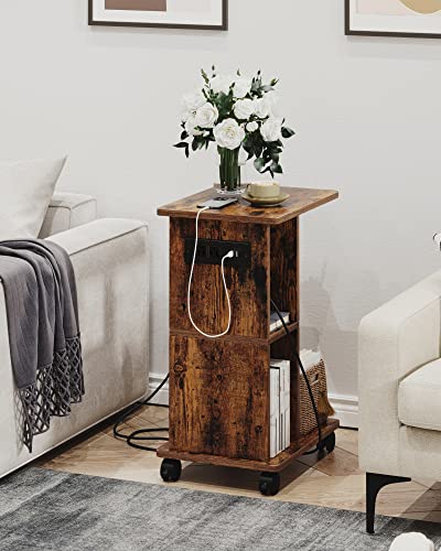 HILINSIE C Shaped End Table with Charging Station - Narrow Side Table with USB Ports and Outlets for Small Spaces, 3-Tier Storage Shelves Nightstand, 11.9 x 15.8 x 21.7 Inches, Rustic Brown