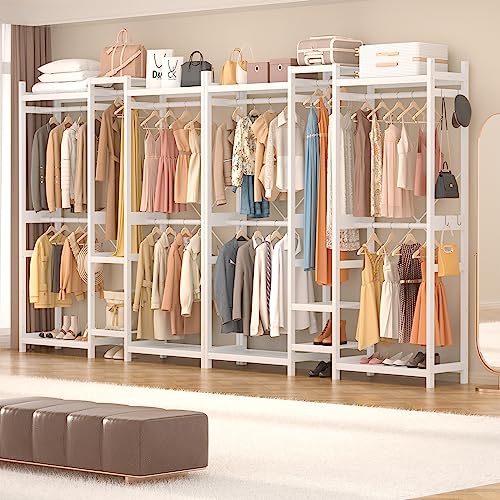 Hoiplu Bamboo Closet System Clothing Rack for Hanging Clothes, Large Garment Rack with Shelves and 5 Rods, 70”W x 77”H Heavy Duty Freestanding Clothes Rack Organizer for Wall-in Closet Bedroom, White