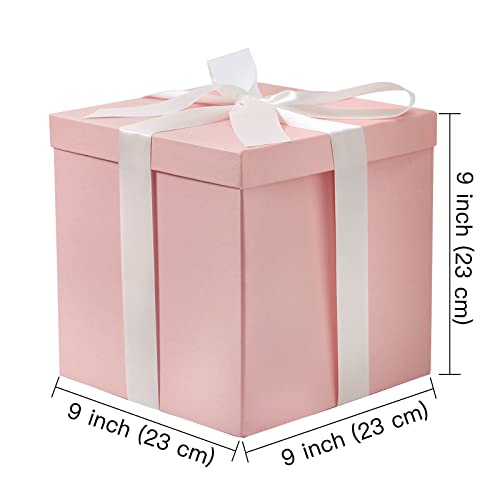 RUSPEPA Medium Birthday Gift Box with Lids, Ribbon and Tissue Paper, Collapsible Gift Box - 1 Pcs, 9x9x9 Inches, Pink