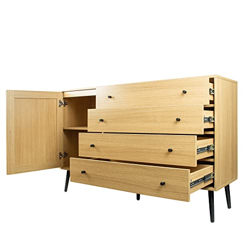 Mid-Century Sideboard Buffet Cabinet,Melpoemen Kitchen Storage Cabinet with Rattan Decorated Door and 4 Drawers,Liquor Cabinet, Dining Room, Hallway, Cupboard Console Table, Accent Cabinet,Natural