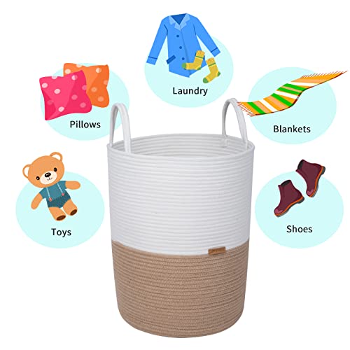 R RUNKA Extra Large Woven basket -16"x 20" Laundry Basket with Handle -Clothes Hamper, Laundry Hamper for Bedroom Living Room,Nursery Decor| Wicker Storage Basket - Off White & Jute