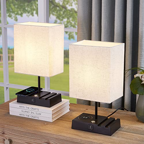YUNHONG Bedside Lamp Set of 2,Wireless Charger Table Lamp with USB A+C Ports and AC Outlet,3 Way Dimmable Touch Nightstand Lamps for Bedroom and Living Room (LED Bulbs Included)