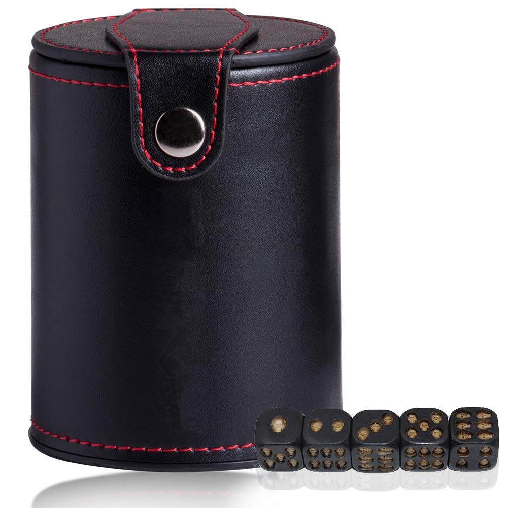 Red Lining Leather Professional Dice Cup with 5pcs Black Mini Death Skull Dice for Party Playing Drinking Death Table Game Party Tool