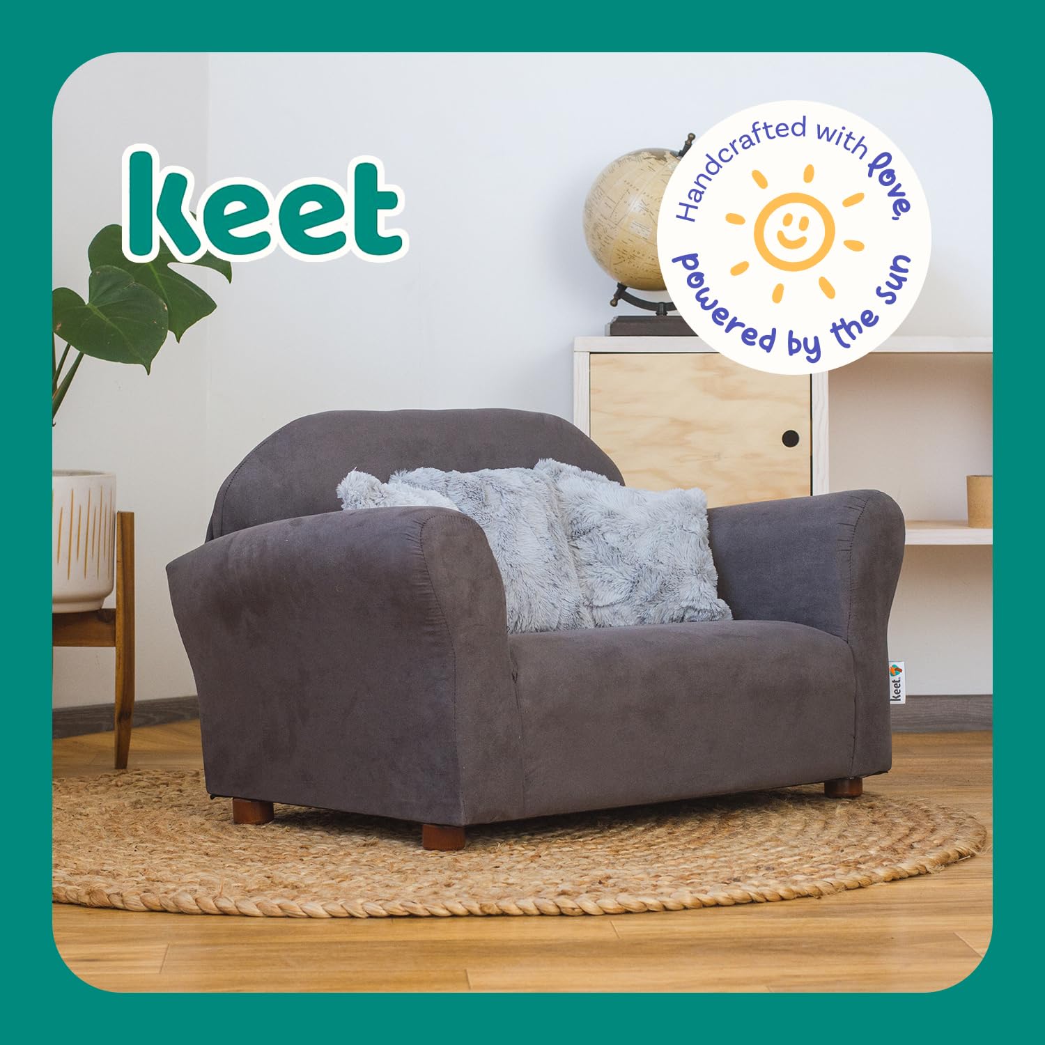 Keet Plush Childrens Sofa with Accent Pillows, Sofa for Kids Room, Kids Sofa, Toddler Sofa with Three Fluffy Pillows, Comfortable Sofa for Kids, Children Sofa, Kid Sofa, Charcoal and Grey