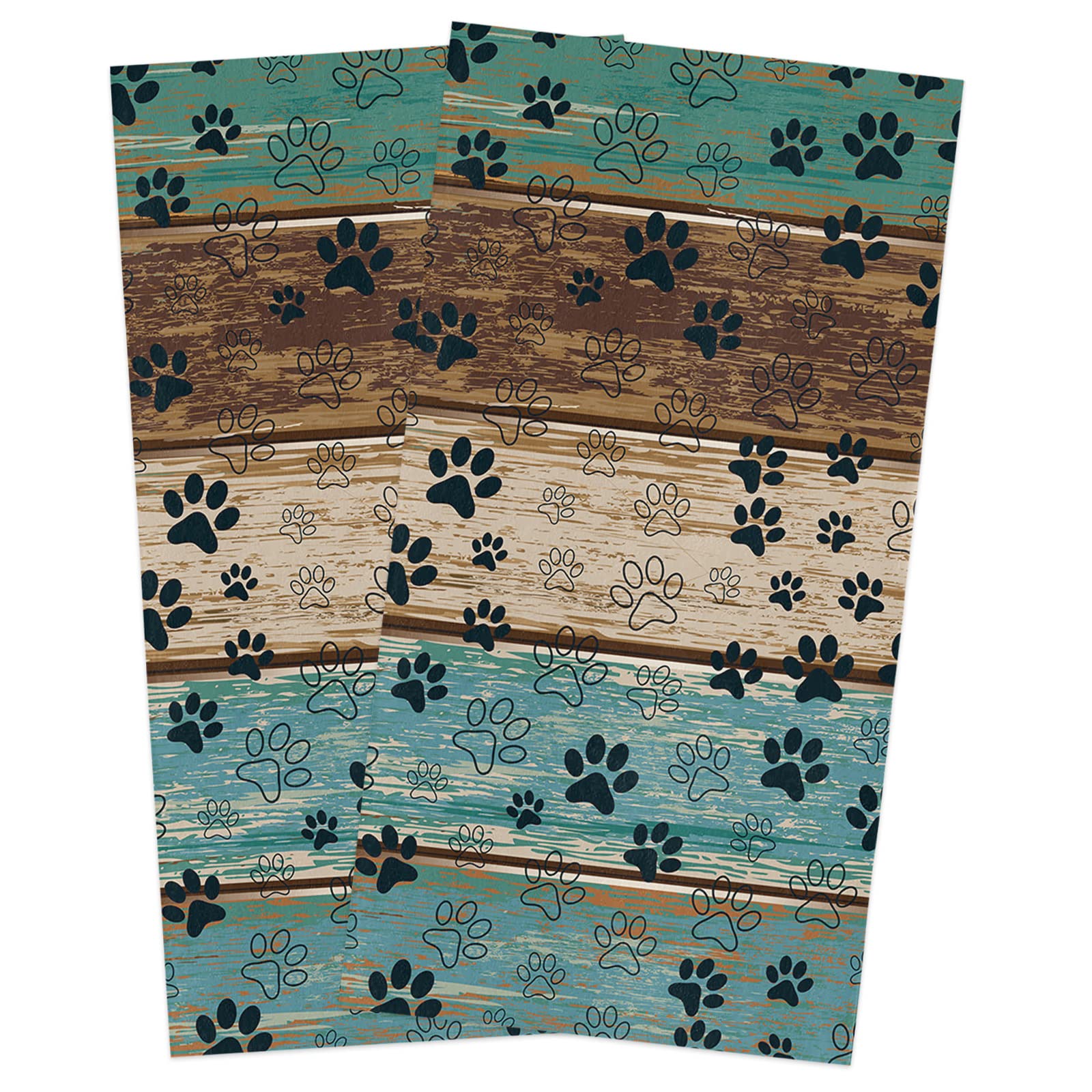 Dog Paws Prints Kitchen Towels 2 Pack, Rustic Teal Dish Towels for Kitchen, Farmhouse Turquoise Wood Absorbent Microfiber Puppy Paws Hand Towels for Bathroom, Soft Tea Towels Bar Towels, 18 x 28 Inch