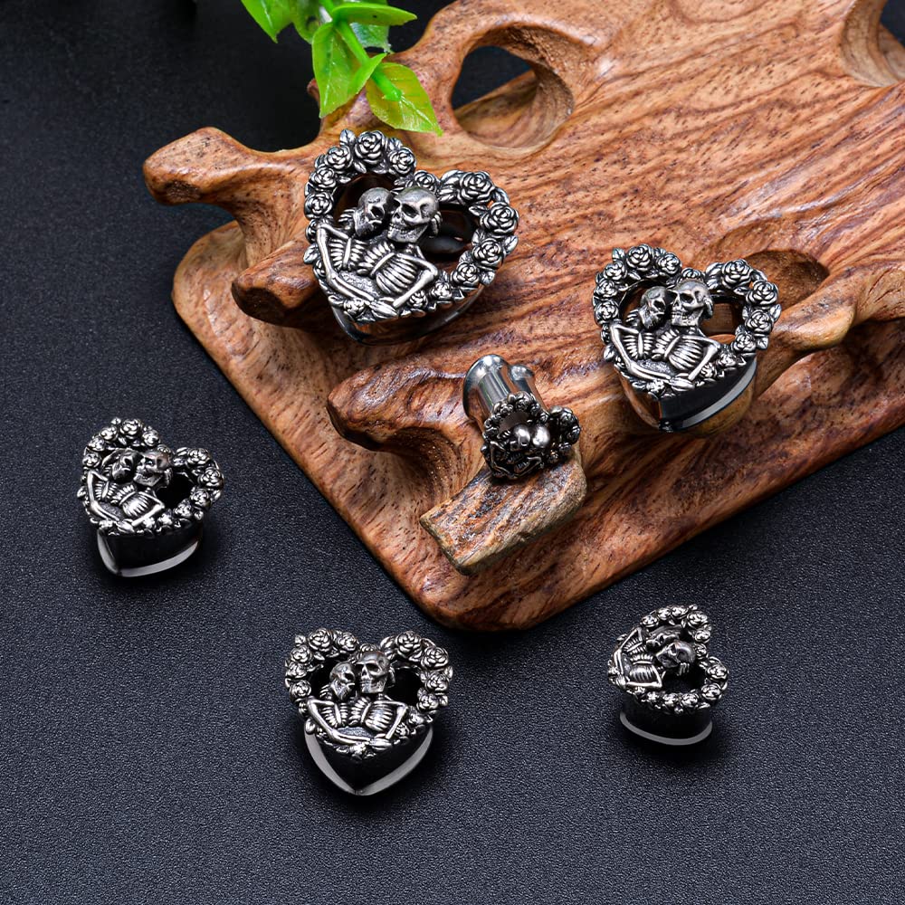 COOEAR Heart Ear Plugs Stainless Steel Tunnels Flared Shape Gauges Skull Stretcher Expander Earrings Size 0g to 1 inch.