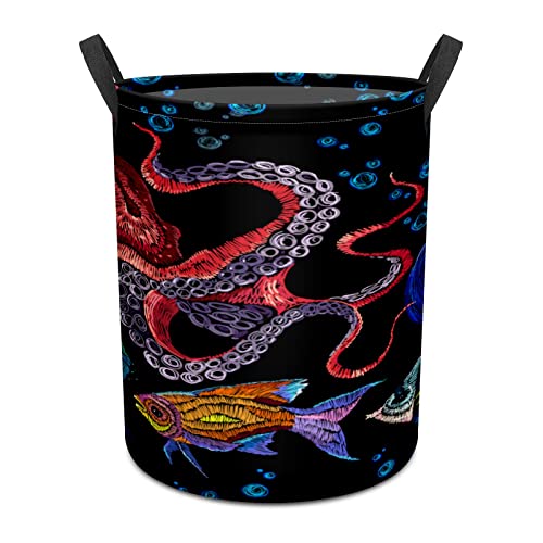 Laundry Basket Hamper with Handles Ocean Octopus Waves Fish Canvas Freestanding Dirty Clothes Hampers Waterproof Lightweight Large Storage Basket for Bedroom Dorm Clothes Towels Toys Organizer