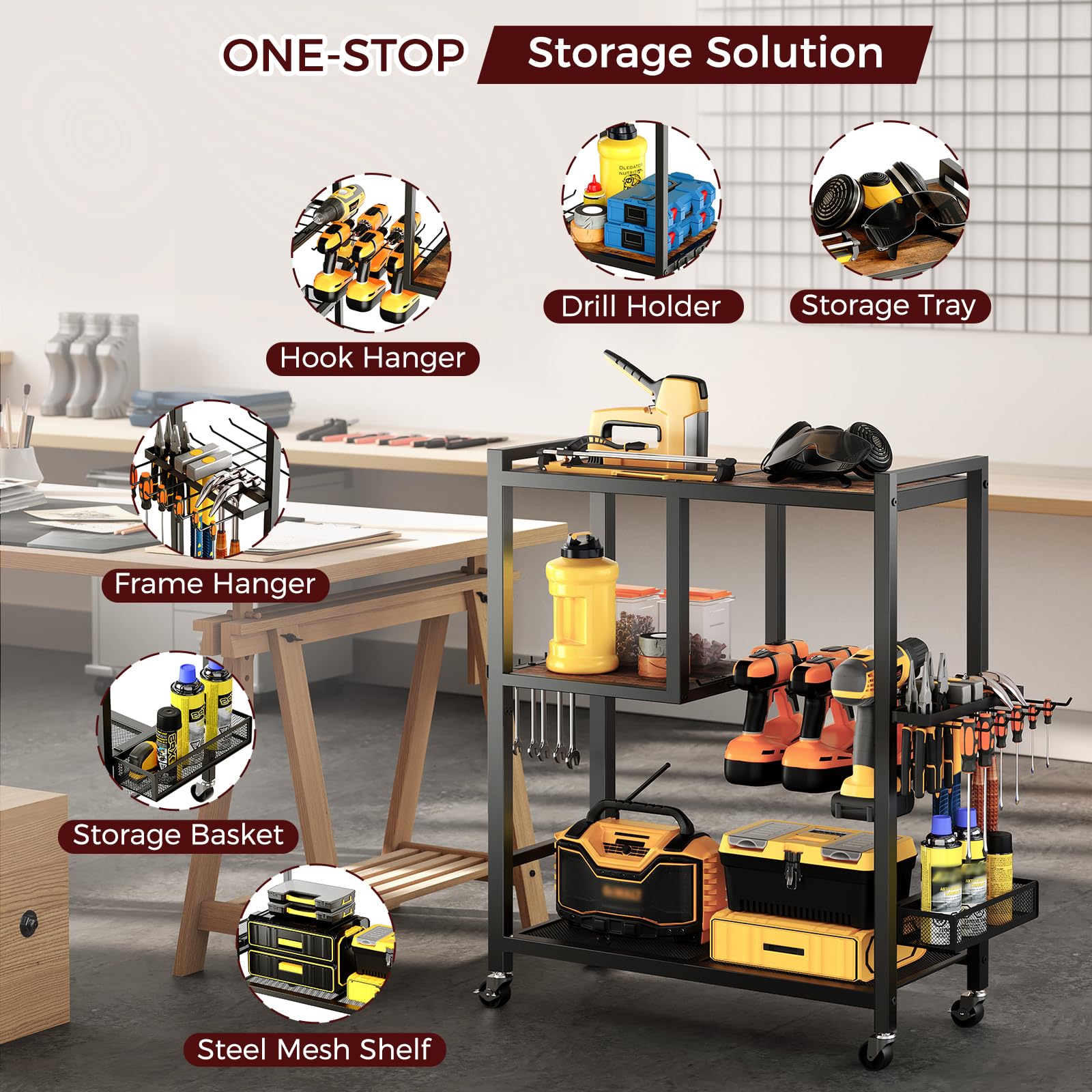 MAHANCRIS Power Tool Organizer, Power Tool Cart with Wheels, Garage Storage Organization, 6-8 Drill Rack Shelf Tool Holder, Rolling Tool Cart Mobile Open Tool Chest Cabinet Box for Workshop TCHR9901