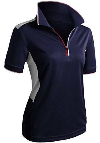 CLOVERY Golf Wear Moisture Wicking Short Sleeve Zipup Polo Shirt Navy Medium
