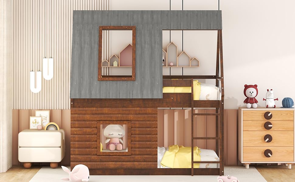 Merax Twin Over Twin Bunk Bed Wood Frame with Roof, Ladder and 2 Windows for Kids Teens Girls Boys,Oak & Smoky Grey