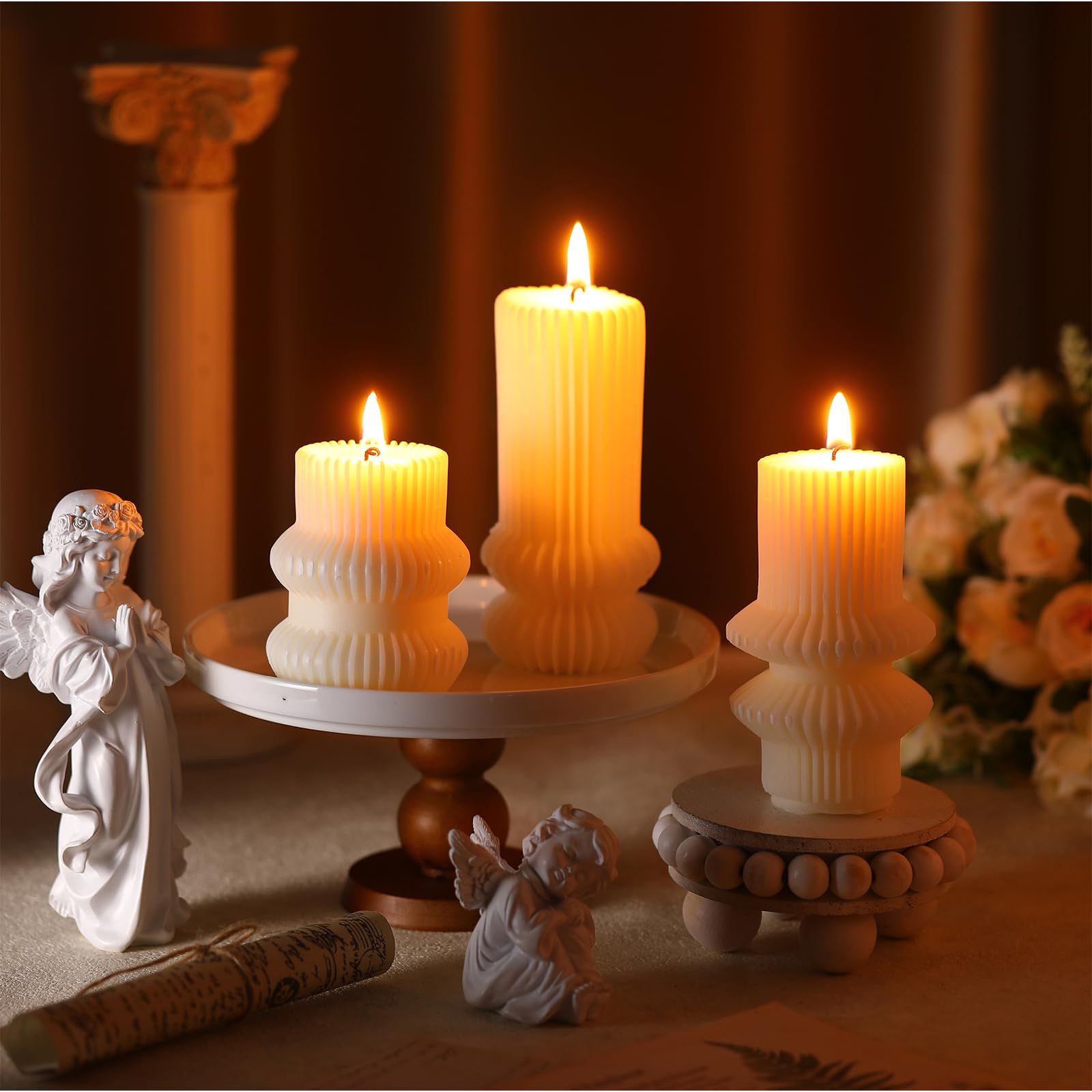 MTLEE 3 Pcs Small Ribbed Pillar Candles Scented Pillar Candle Decorative Candles Soy Wax Aesthetic Candle 4.7, 4.2, 3.2 in Height Modern Geometric Home Decor for Bathroom Living Room(Khaki)