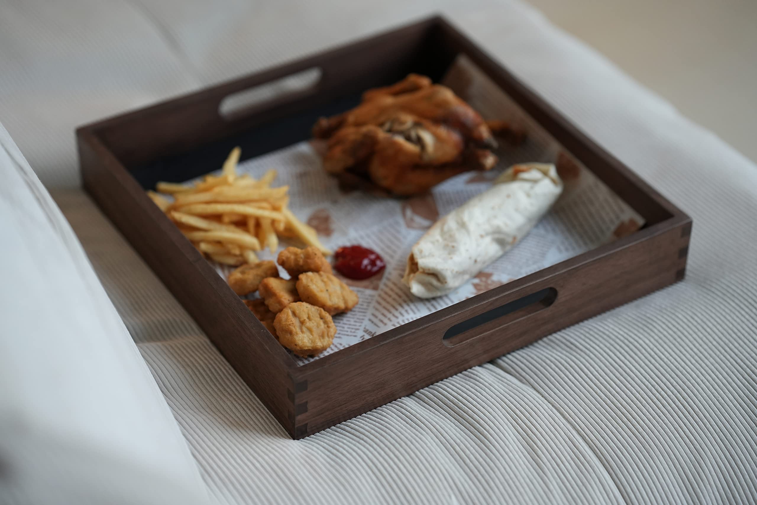 CRAZYWOOD 13.6x13.6 Inches Walnut with Carry Handle Black Ottoman Tray Serve Tea Coffee or Breakfast in Bed Classic Wooden Decorative Serving Tray Decorative Serving Tray