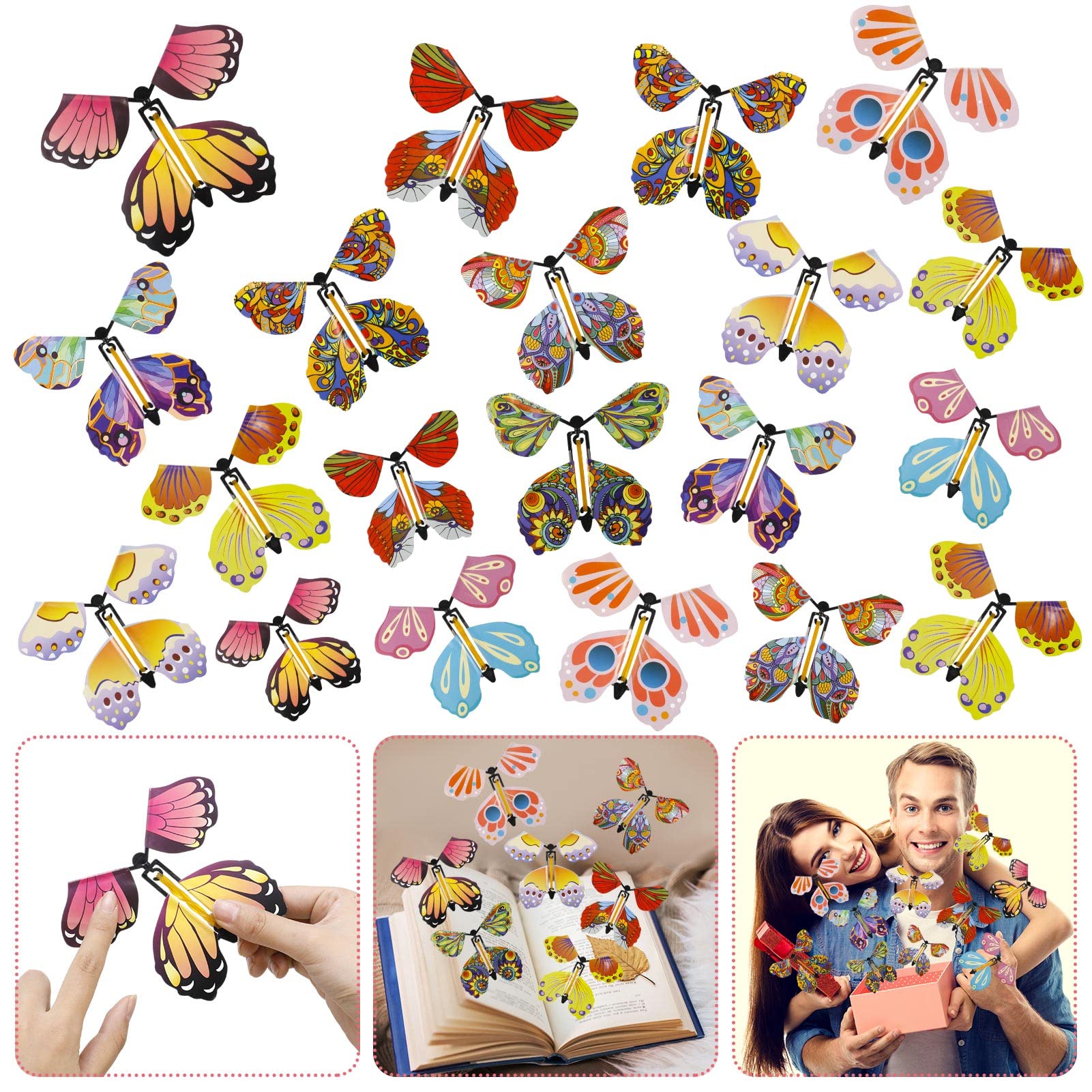 Chenkaiyang 120pcs Flying Butterfly Toy, Bright Colors Butterfly Card Wind Up Butterfly Toys Magic Flying Butterfly Surprise Gift, 15 Style