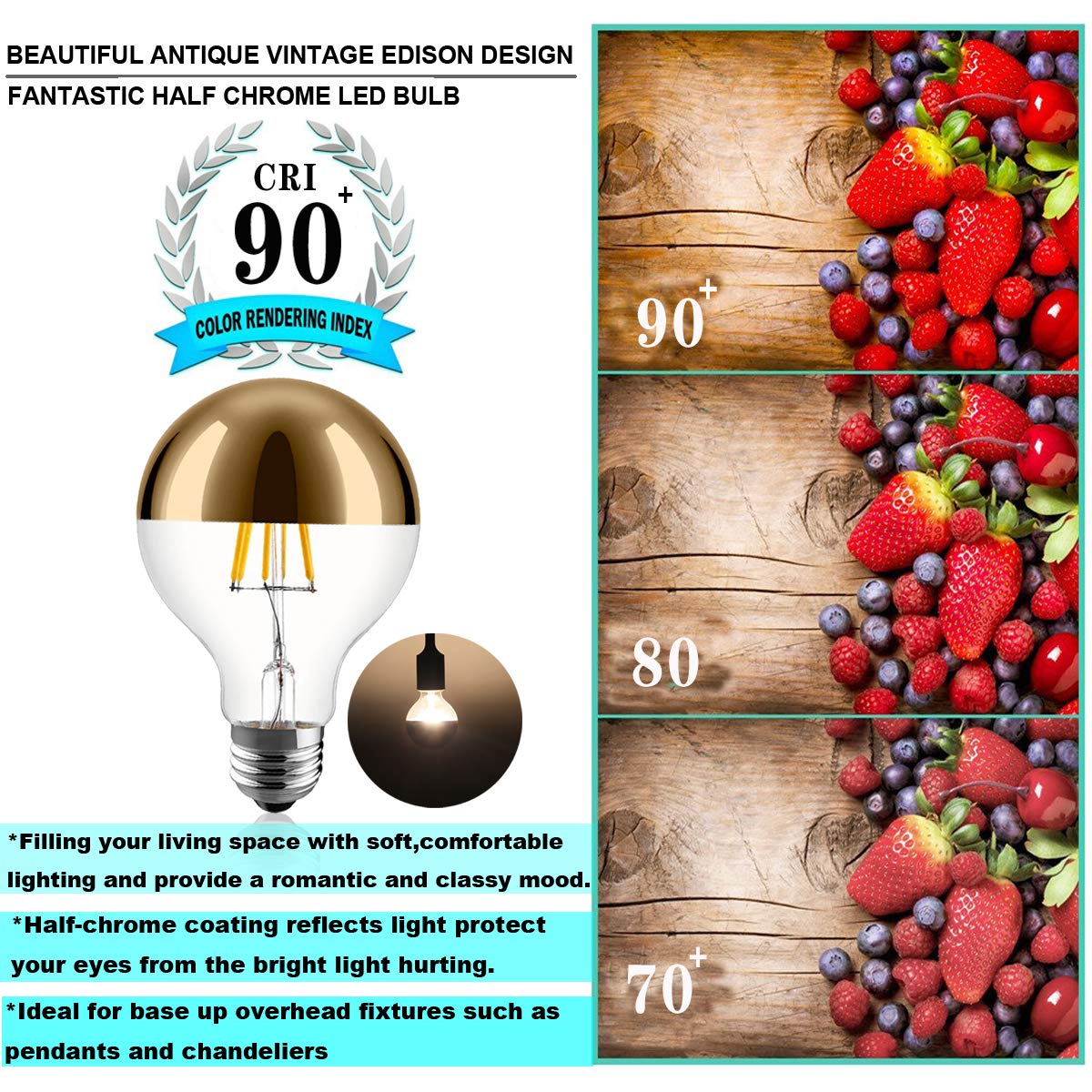 KarlunKoy Half Chrome Light Bulb 6W (60W Equivalent) Dimmable LED Edison Bulb G80/G25 Globe Shape Decorative LED Bulb Half Gold Reflected Light 2700K Soft White E26 Base Pack of 4