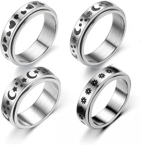 COLORFUL BLING 4 Piece Stainless Steel Spinner Band Ring Set Hypoallergenic Relieving Stress Moon Star Heart Sand Blast Finish Wedding Ring-Size 12