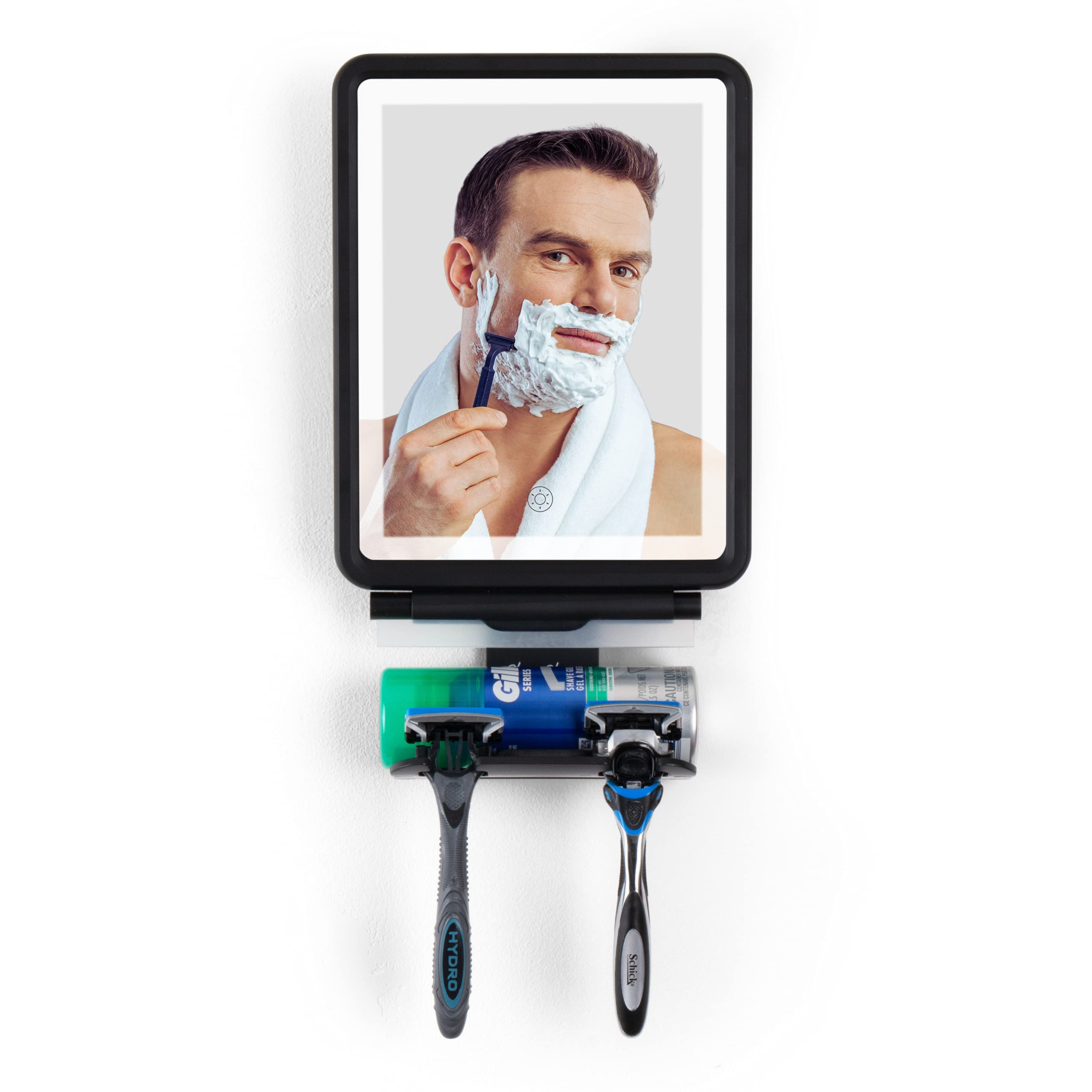 Clean Shave Fogless Shower Shaving Mirror with LED Lights - Clear Bright Mirror - Modern, Smooth Design - Storage for Razor and Bathroom Accessories - Squeegee - Tile or Wall Mounted, Easy to Install