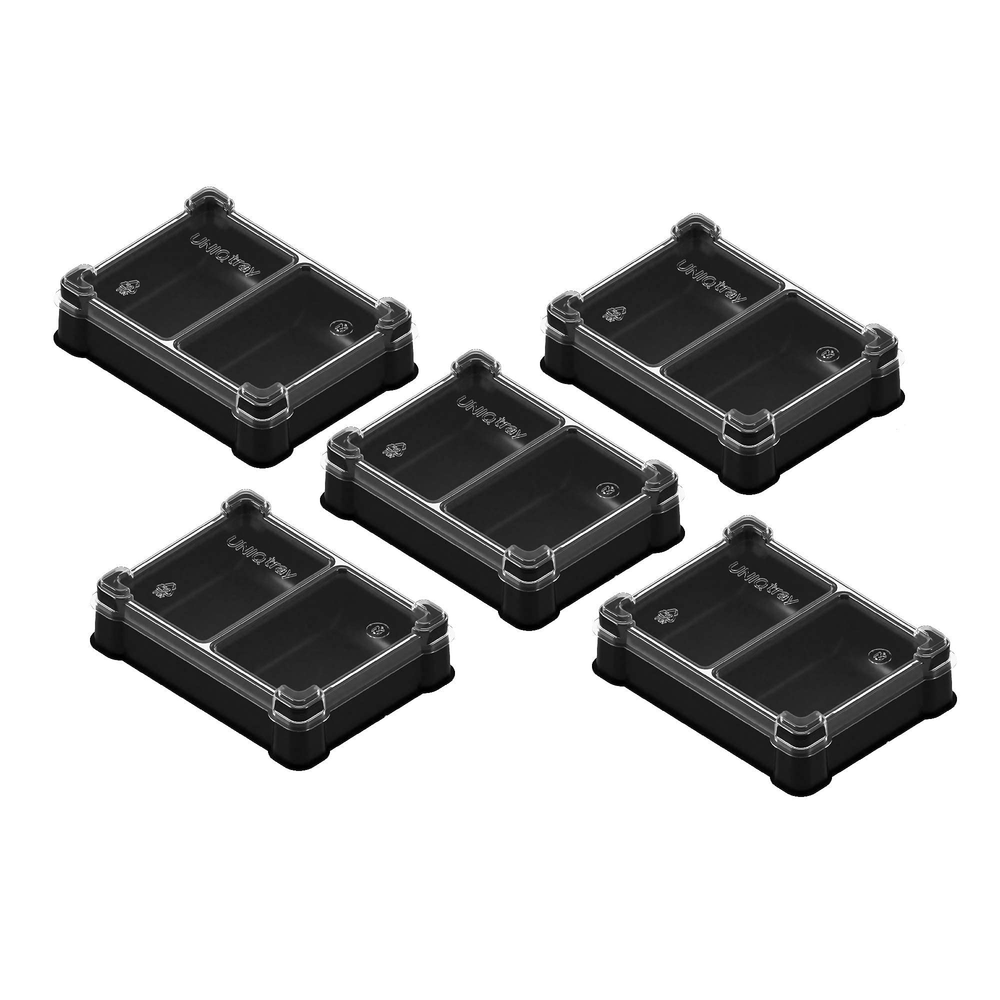 UniqTraySystem 5-Pack Token Two-Cell Box for Board Game Pieces, Meeples, Dice, Tokens (5 modular trays with a transparent removable lid)