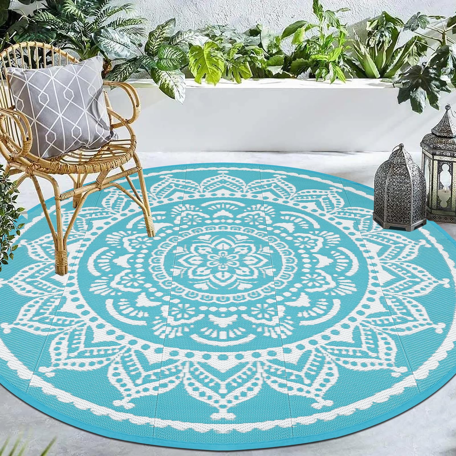 Bsmathom Round Outdoor Rug 6Ft for Patio Clearance, Reversible Outdoor Plastic Straw Camping Rug, Portable Washable Reversible Mats for Camping, RV, Picnic, Beach, Backyard, Pool Deck, Teal