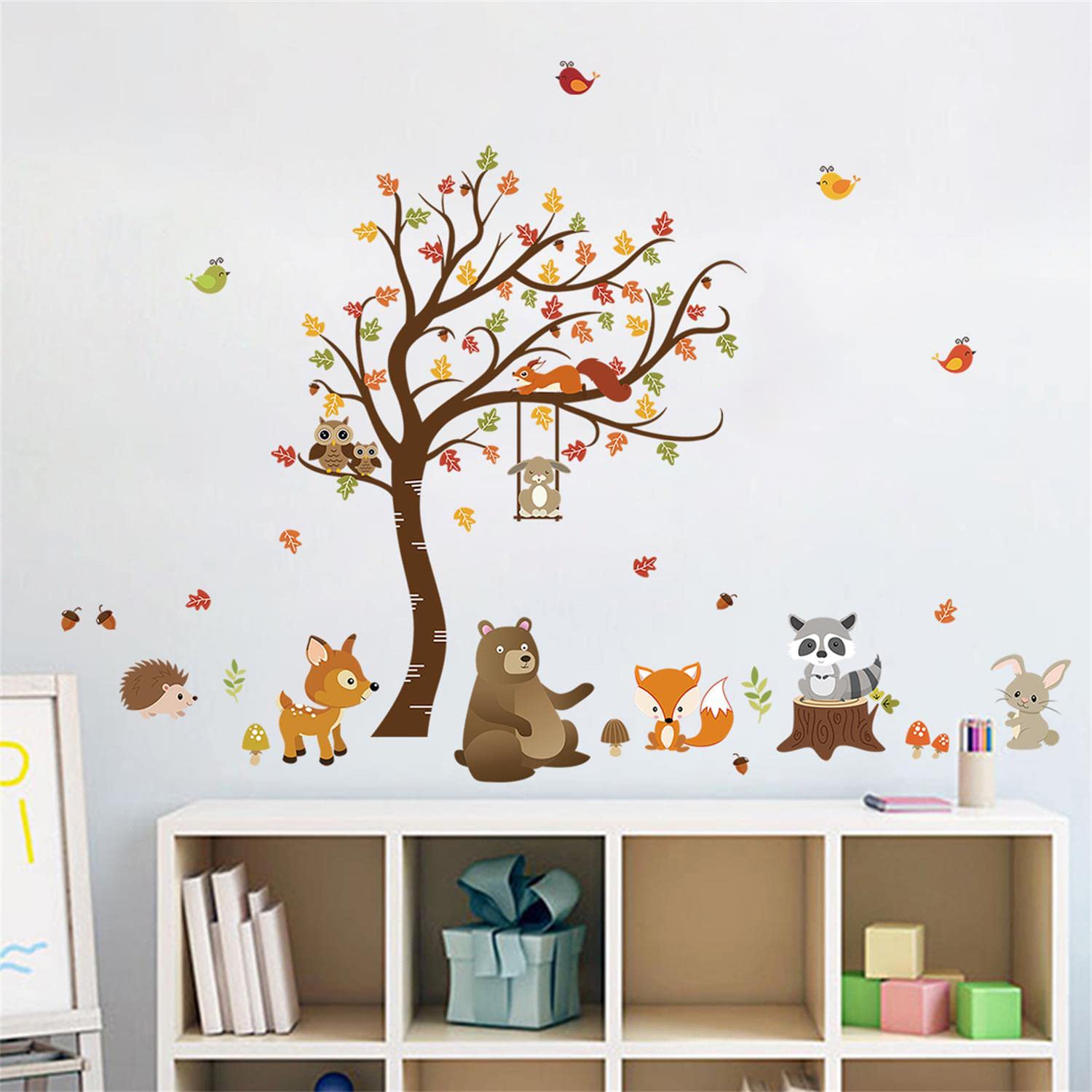 decalmile Forest Animals Tree Wall Decal Fox Deer Fall Leaves Wall Stickers Baby Nursery Kids Bedroom Classroom Wall Decor (H: 31 Inches)