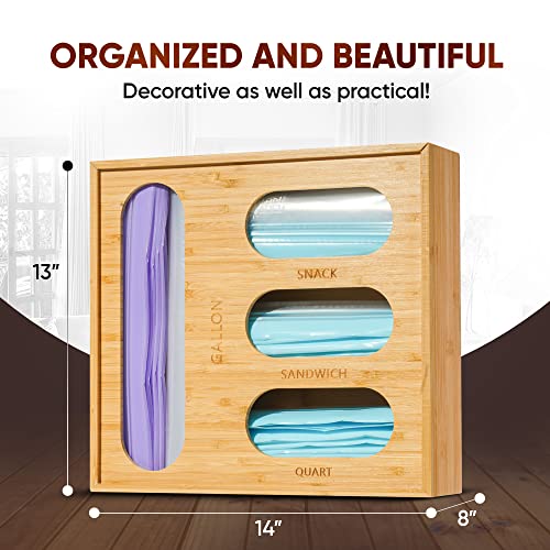 HidzBasics Ziplock Bag Organizer โ Bamboo Ziplock Bag Storage Organizer for Gallon, Quart, Sandwich, and Snack Size Food Bags โ Baggie Organizer for Kitchen Drawer and Pantry โ Wooden Slider Lid