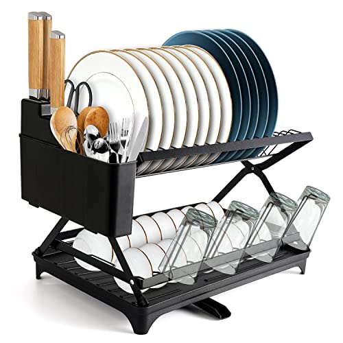 COALA HOLA Collapsible Dish Drying Rack 2 Tier Dish Drainers for Kitchen Counter with Folding Drainboard, Swivel Spout Cup Holder Utensil Knife Holder Stainless Steel -Black