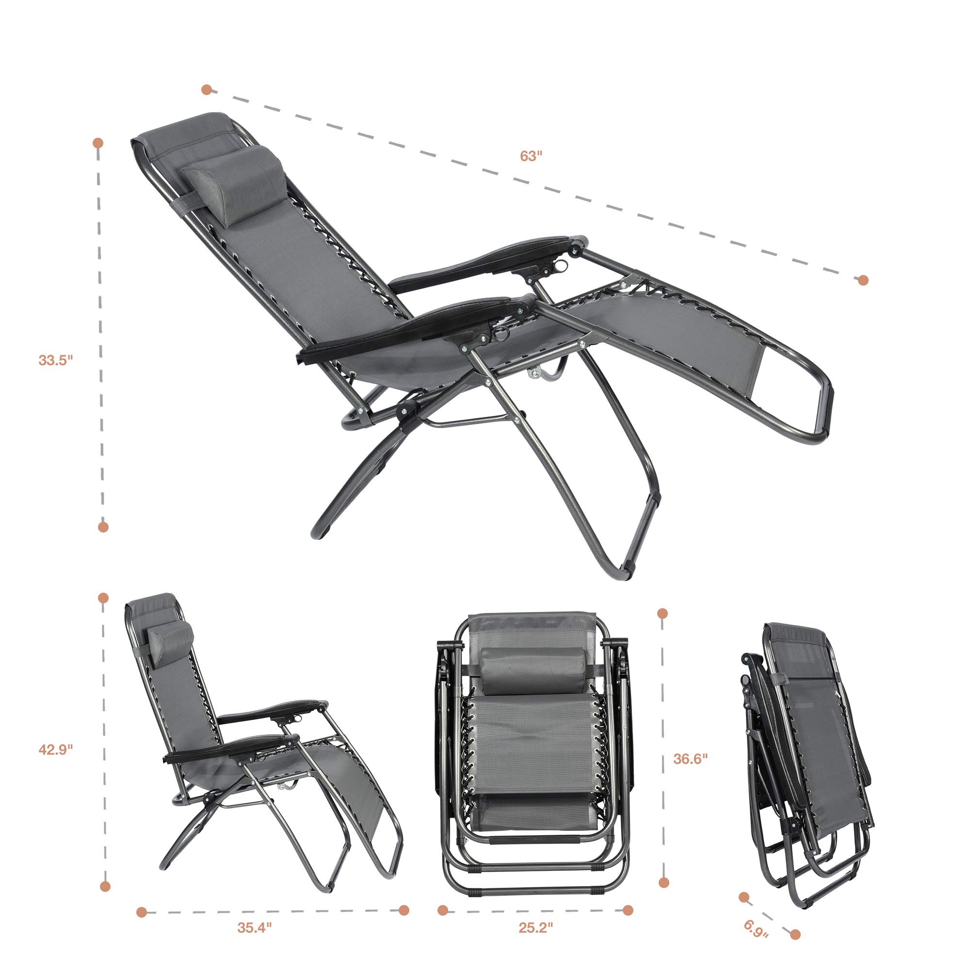 KARMAS PRODUCT Zero Gravity Chairs Set of 2 Reclining Outdoor Lounge Patio Chairs for Garden Beach Gray (Gray)…