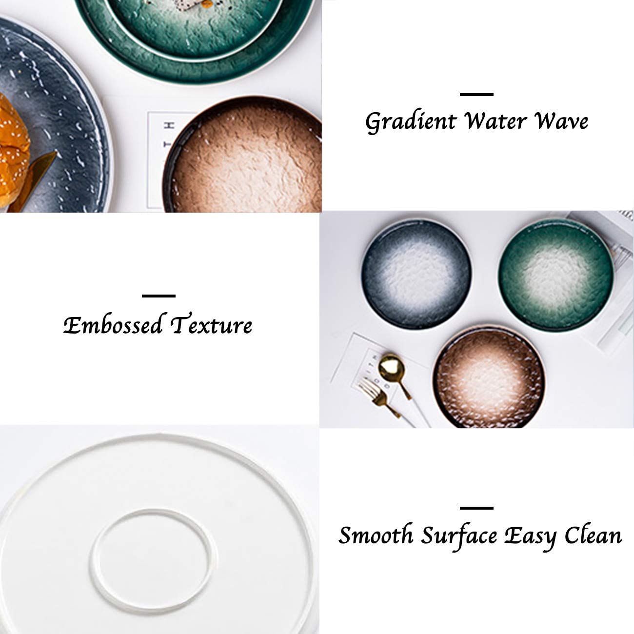 Eglaf 6'' Ceramic Small Appetizer Plates - Porcelain Gradient Water Wave Embossed Texture - Dessert Plates for Tea Party, Cake, Ice cream, Waffles, Apple Pie, Snacks (Set of 6-3 Colors Mix)