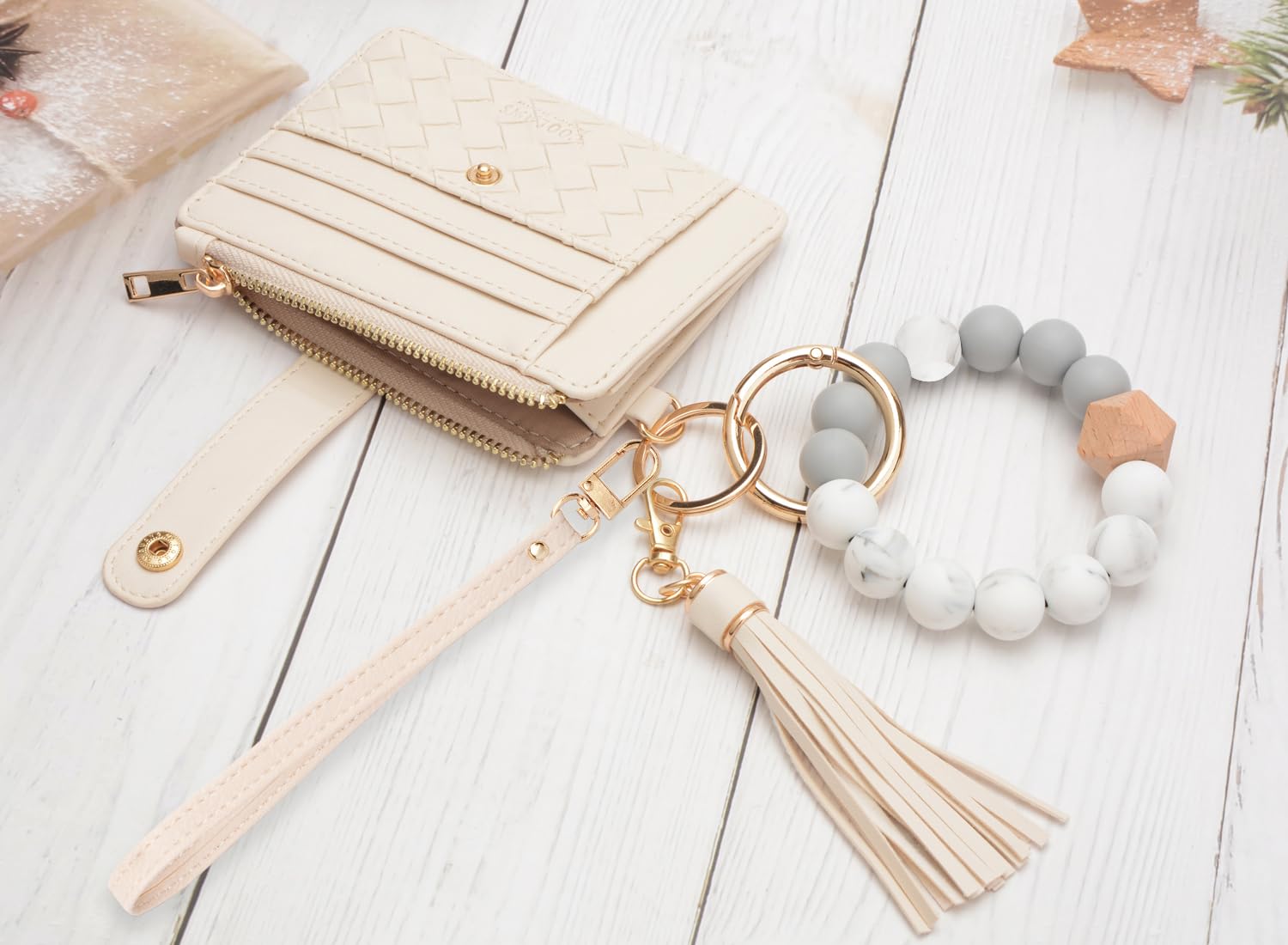 COOLANS Wristlet Bracelet Keychain Pocket Credit Card Holder Purse Tassel Keychain Bangle Key Ring for Women (Silicone Bead Bracelet+Card Purse (Creamy white))