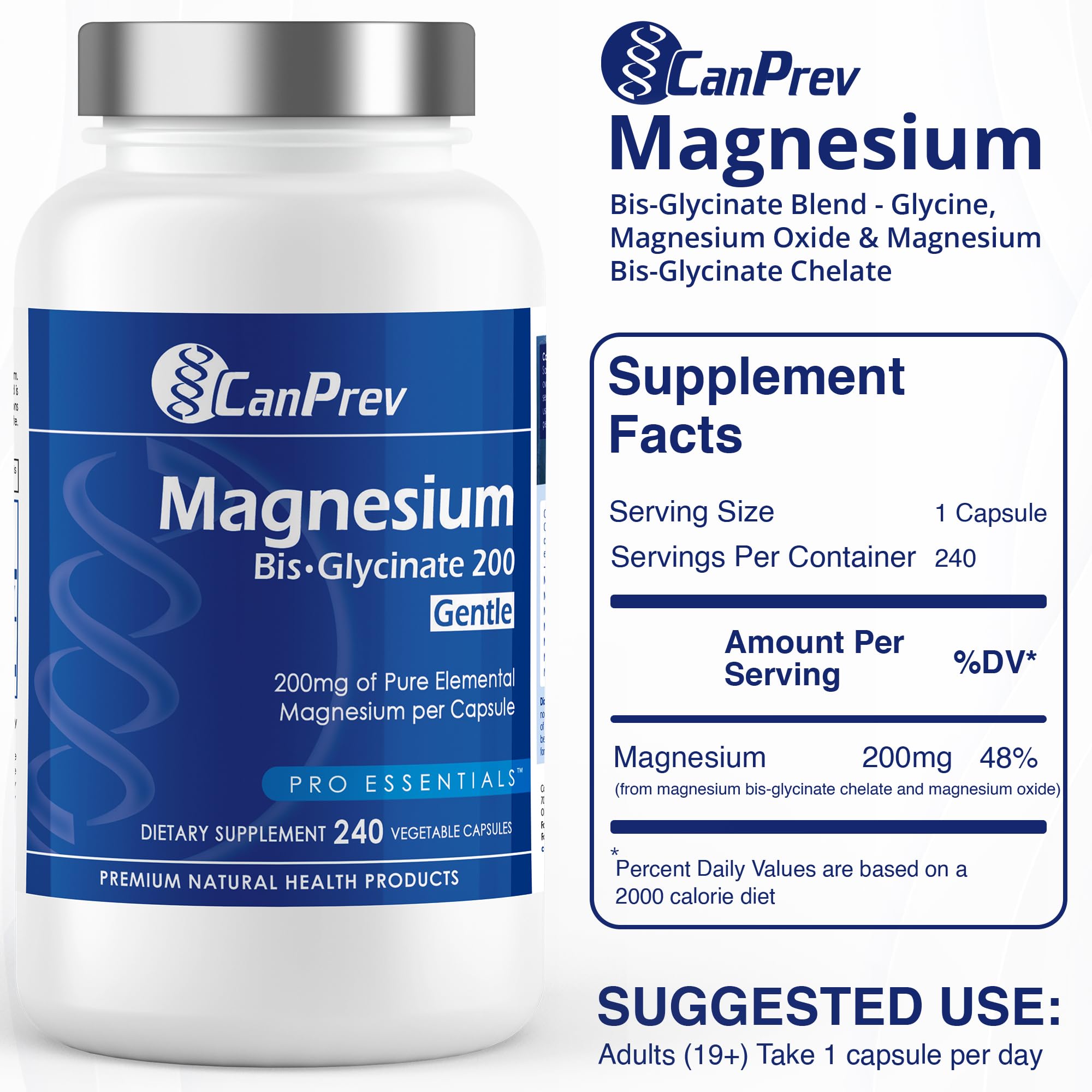 CanPrev Magnesium Bisglycinate (240 Count (Pack of 1), 200mg - Gentle)