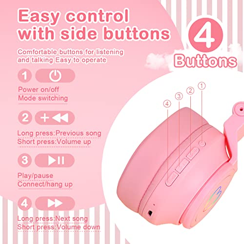 JINSERTA Kids Headphones with Bunny Ear LED Light Up,Noise Cancelling Adjustable Microphone Headset,Wireless Foldable Over-Ear Headphones for Kids Gifts/School/Kids Tablet/Travel (Pink)
