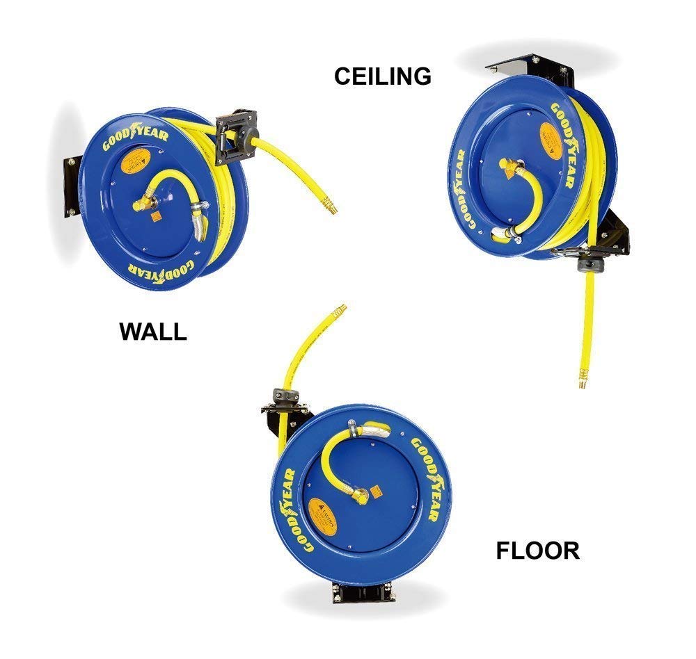 Goodyear Air Hose Reel Retractable 3/8" Inch x 50' Foot SBR Rubber Hose Max 300PSI Heavy Duty Industrial Steel Single Arm Construction