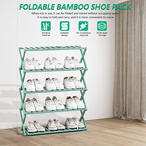 SAISN 5 Tier Wooden Shoe Rack Bamboo Shoes Storage Shelf Stackable Shoe Organizer Racks Multifunctional Free Standing Shoe Shelf Free Installation Foldable Shoe Stand for Entryway Hallway (Green)