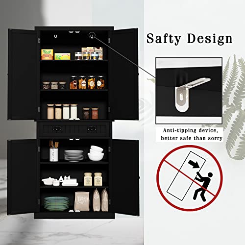 HLR 72" Freestanding Kitchen Pantry Storage Cabinet with Doors and Adjustable Shelves, Pantry Cupboard Cabinet for Kitchen, Bathroom or Hallway, Black