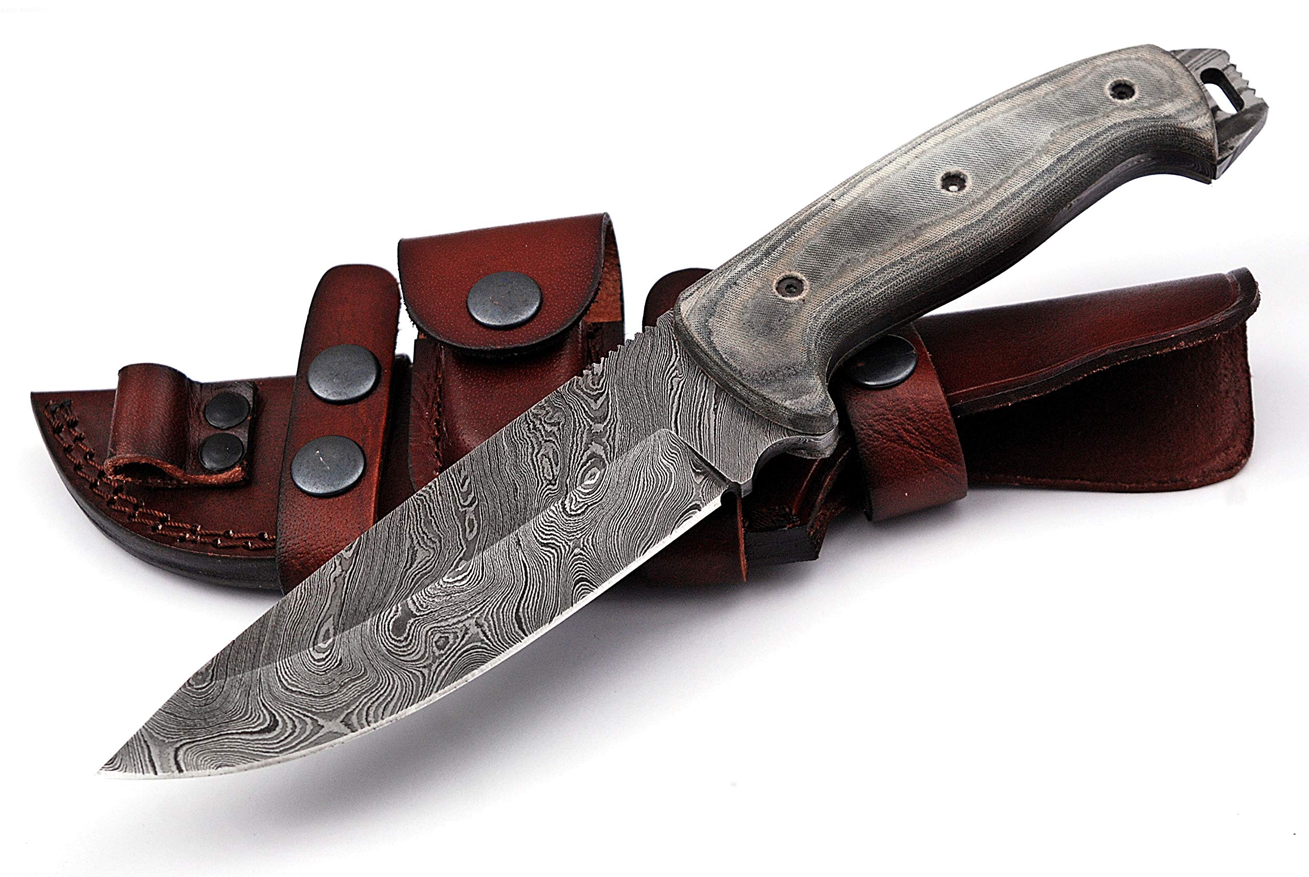 Damascus Bushcraft Knife - Survival Knife, Hand forged Fixed Blade Knife, Camping Knife & Survival Knives, Bowie Knives with Micarta Handle & Leather Knife Sheath
