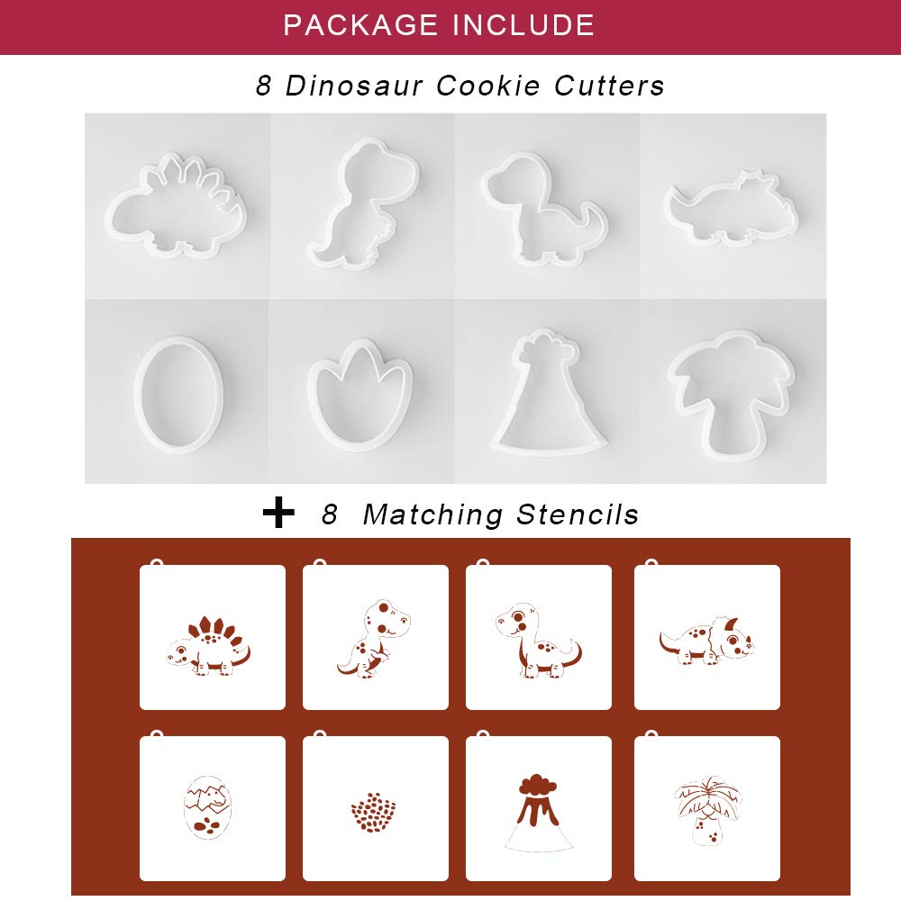 Dinosaur Cookie Cutters with Matching Cookie Stencils -Set of 16-8Pcs Cookie Cutter and 8Pcs Stencils, Include Stegosaurus, T-Rex, Brontosaurus, Triceratops, Dinosaur Egg, Footprint, Volcano and Tree