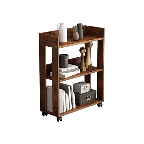 MIN WIN 3 Tier Open Bookshelf,Small Bookshelves Storage Display Shelf with Universal Wheels,Movable Standing Shelf Units,Wood Storage Rack for Small Spaces Home Office Bookcases Book Shelves,Antique