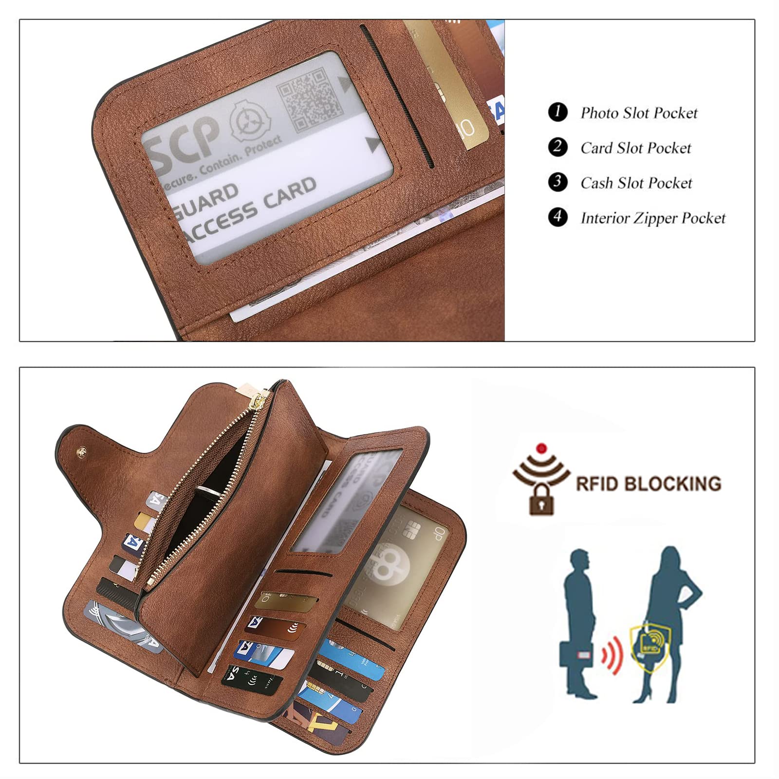 CLUCI Leather Wallet for Women Large Trifold Purse Ladies Credit Card Holder with ID Window