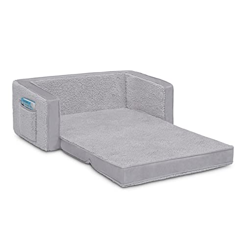 Delta Children Cozee Flip-Out Sherpa 2-in-1 Convertible Sofa to Lounger for Kids, Grey Sherpa/Suede