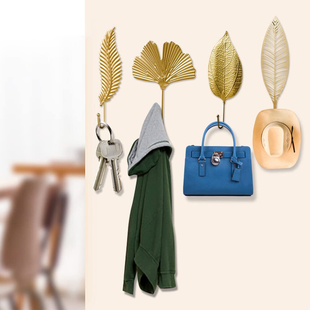 Decorative Leaves Iron Hooks, Set of 4 Leaf Shaped Self Adhesive Wall Shower Curtain Coat Hooks, Modern Key Holder Wall Mounted Metal Iron Gold Single Prong Coat Hanger for Hallways, Living Room