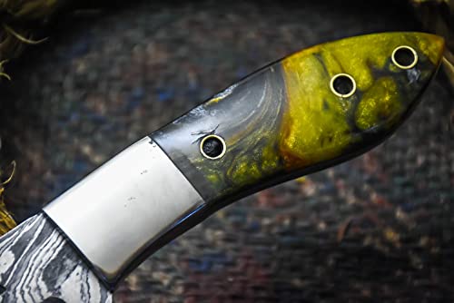 Damascus Hunting Knife with RamHorn + Bone Handle - Survival - Camping - Damascus Steel - Damascus Hunting with Sheath Fixed Balde-EveryDay Carry,Comabt,Hunting Skinning,Fire Starter,Ram Horn Handle With Brass Bolster. Art No26376