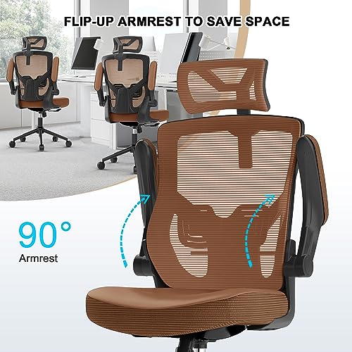 π―πΆπ΄π¬ πΆπππ°πͺπ¬ πͺπ―π¨π°πΉ, Ergonomic Mesh Desk Chair, High Back Computer Chair- Adjustable Headrest with Flip-Up Arms, Lumbar Support, Swivel Executive Task Chair (Mummy Brown, Modern)