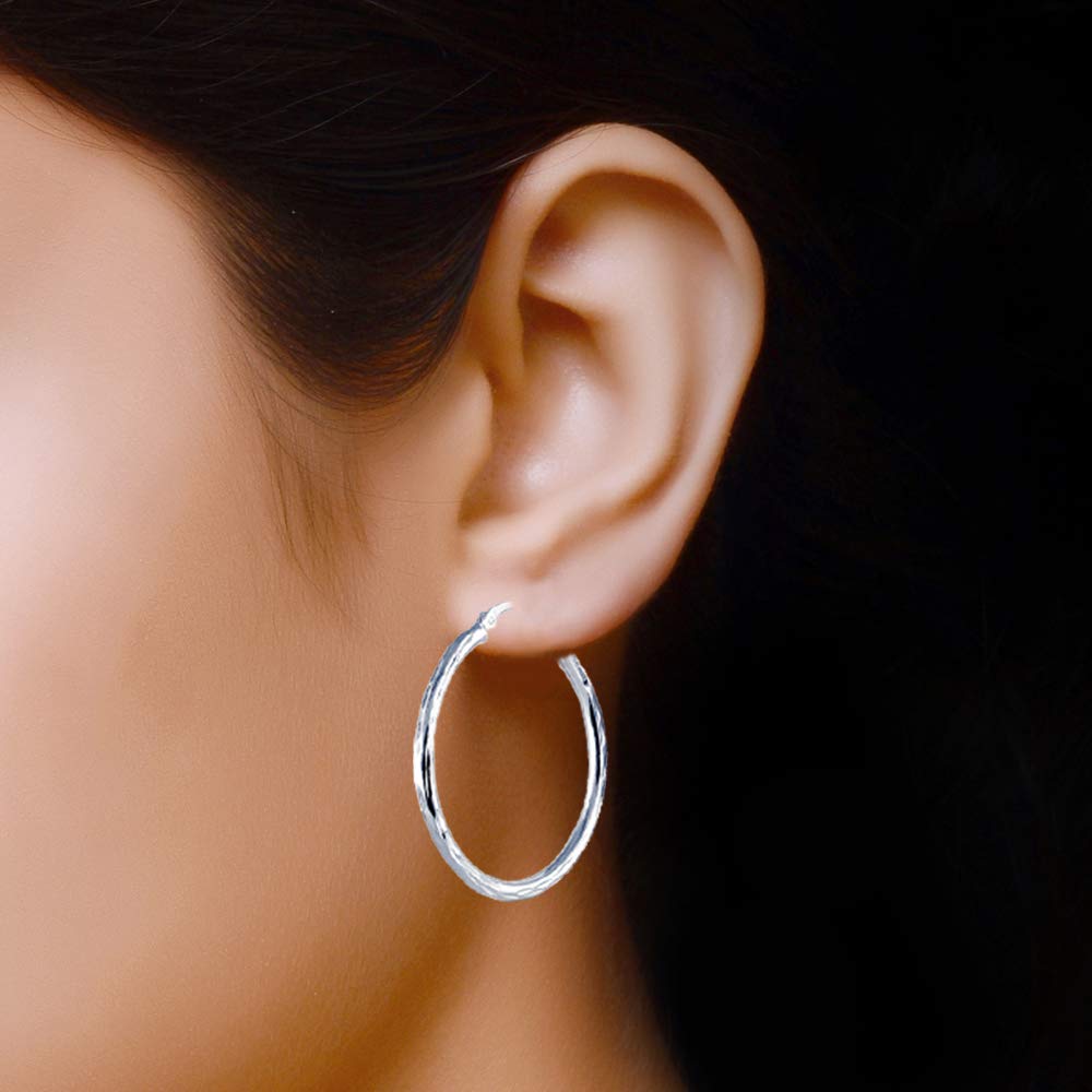 Charmsy 925 Sterling Silver Diamond-Cut Hoop Earrings 2.5mm Tube Medium Large Italian Classic Click-Top for Women 40mm